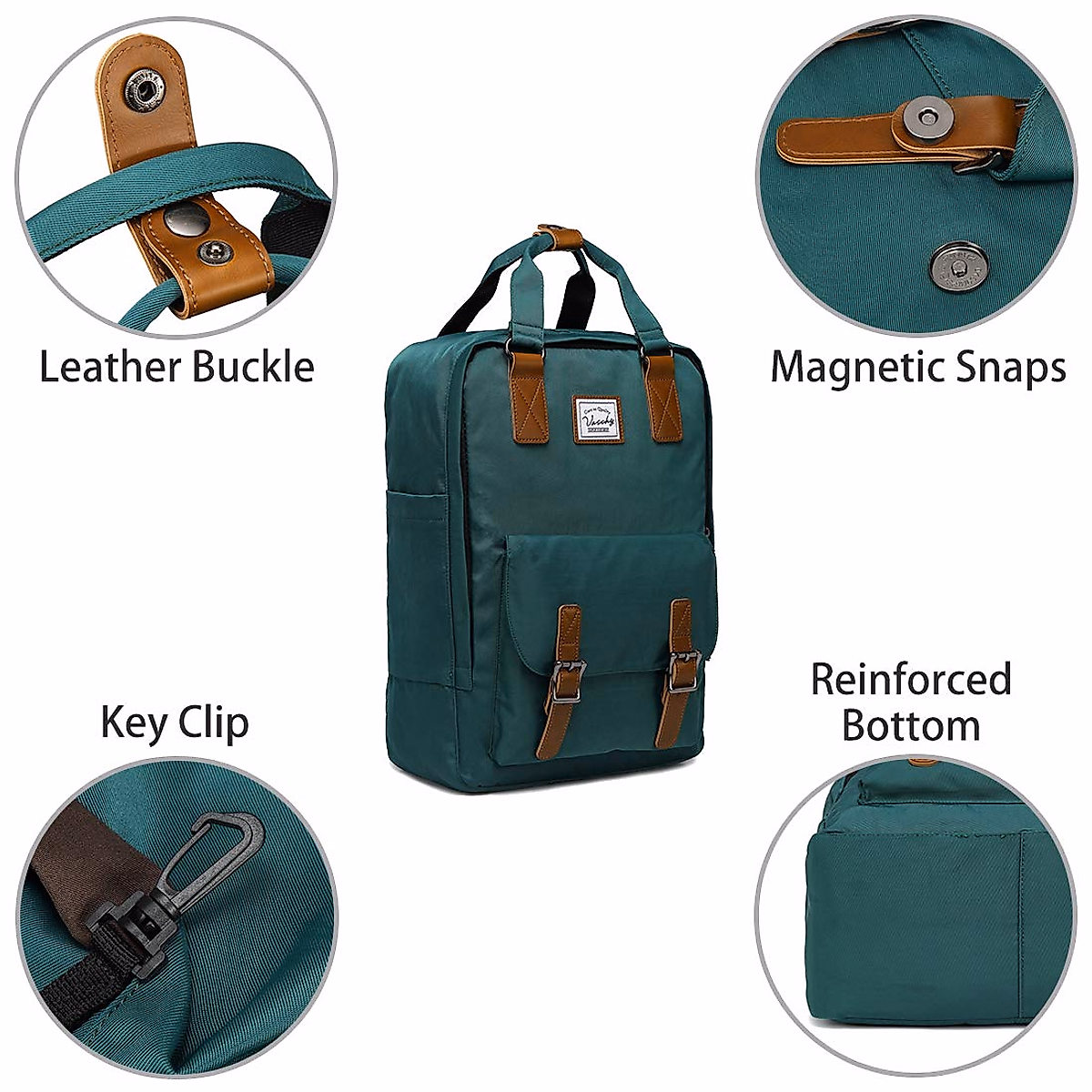 VASCHY School Backpack for Men and Women, Unisex Vintage Water Resistant Casual Daypack Rucksack Bookbag for College Fits 15inch Laptop Blackish Green