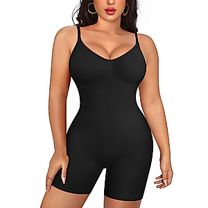 Irisnaya Women Slimming Bodysuits Shapewear Tops Tummy Control Body Shaper Spaghetti Strap Camisole Leotards Bodycon Jumpsuit (Black Mid Thigh, X-Small/Small)