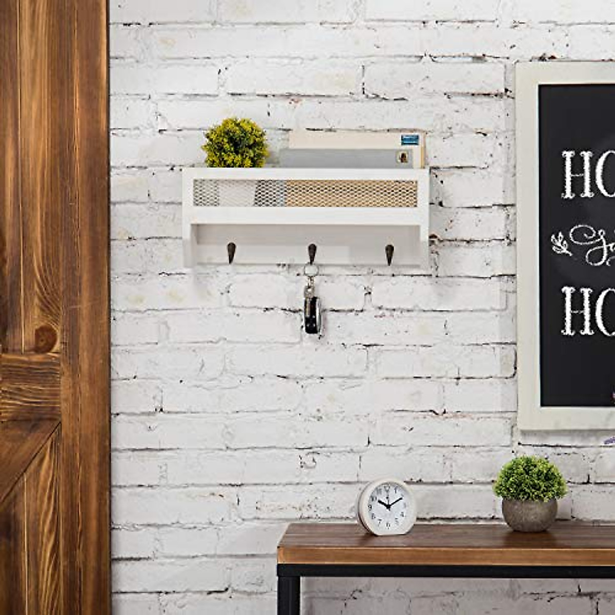 MyGift 16-inch Country Rustic White Wood & Metal Wall-Mounted Storage Wire Mesh Basket Rack w/Key Hooks