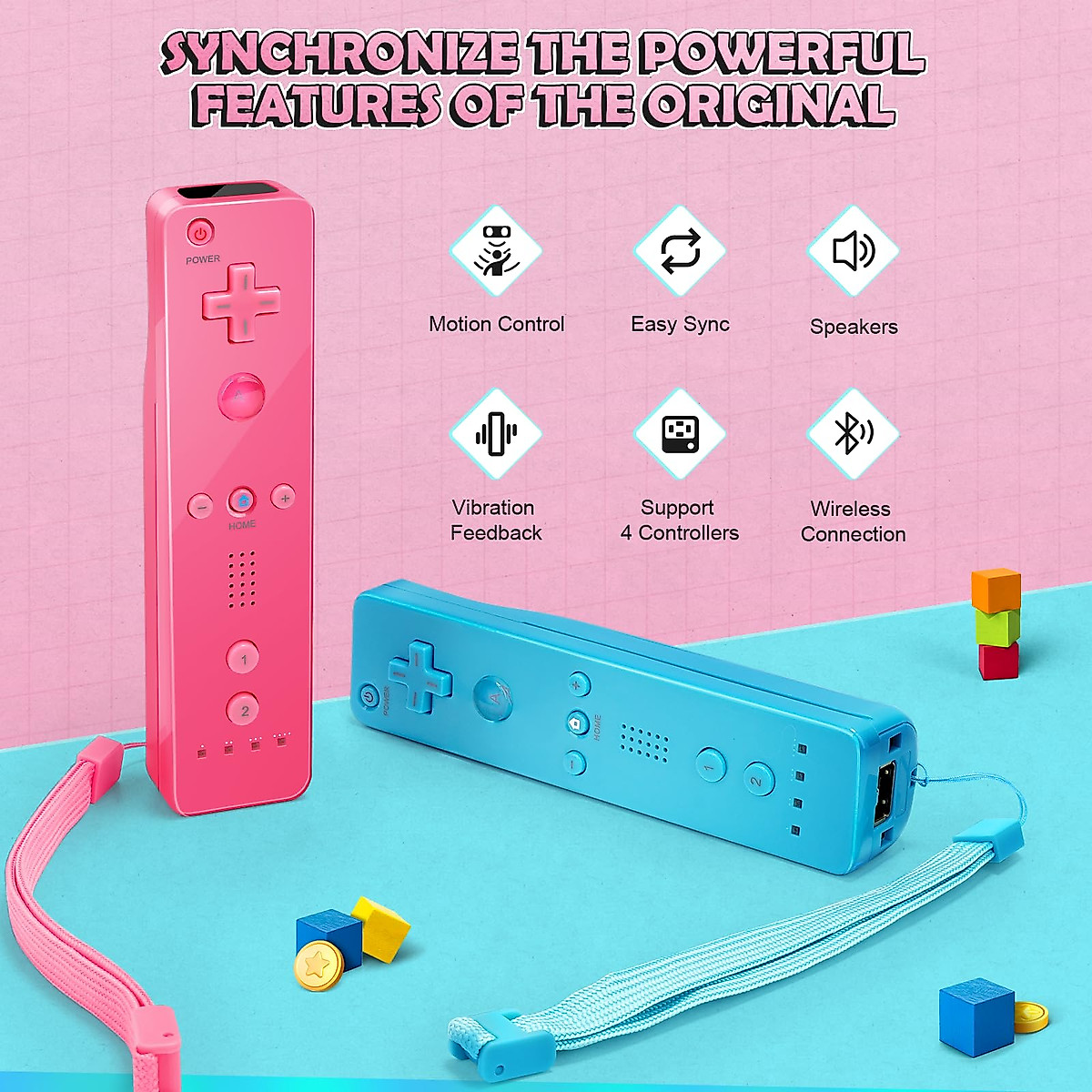 PGYFDAL Wii Controller 2 Pack, Wii Remote Controller and Nunchuck Joystick with Silicone Case and Wrist Strap for Holiday (Pink and Blue)