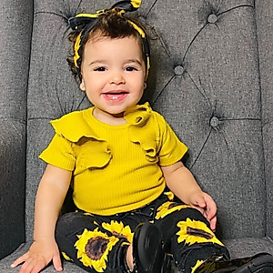 Unutiylo Preemie Baby Girl Clothes Ribbed Pants Set Ruffle Clothing Set Short Sleeve Sunflower Summer Outfits Yellow