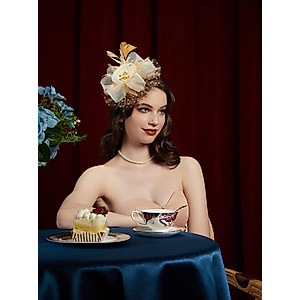 Cizoe Kentucky Derby Fascinators for Women High Tea Party Hat Wedding Cocktail Flower Headware with Mesh and Feathers(Gold&Beige)