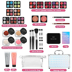 Anpro All-In-One Makeup Carry Case with Pro Teen Makeup Set, Full Starter Cosmetics Kit with Makeup Brushes, Lipsticks, Eye Shadows Palette, Blushes, Glitter Gel