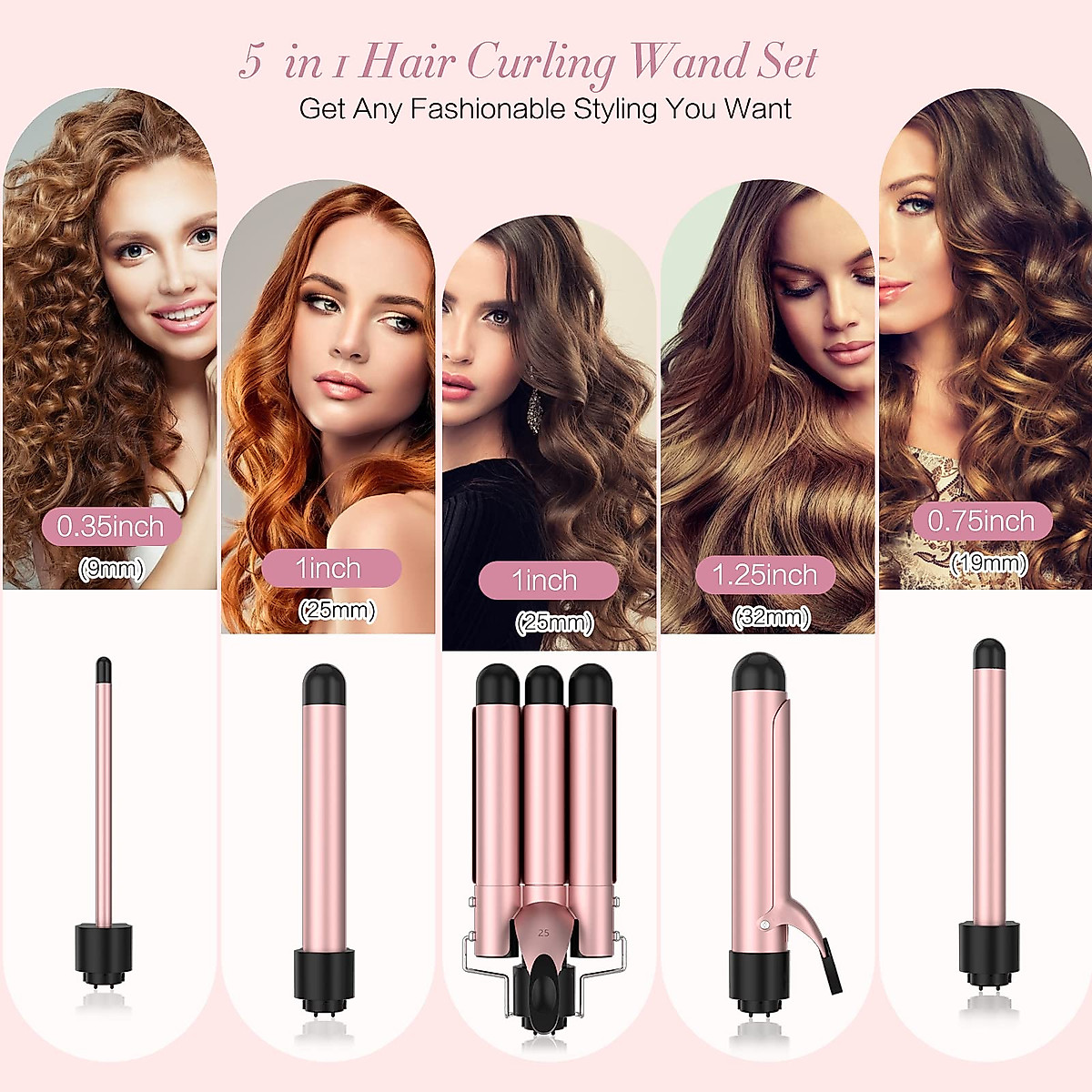 Curling Iron, 5 in 1 Curling Wand Set with 3 Barrel Hair Crimper Hair Tool & 4 Interchangeable Ceramic Curling Wand(0.35”-1.25”), 2 Temps, Instant Heating, Include Heat Protective Gloves & 2 Clips