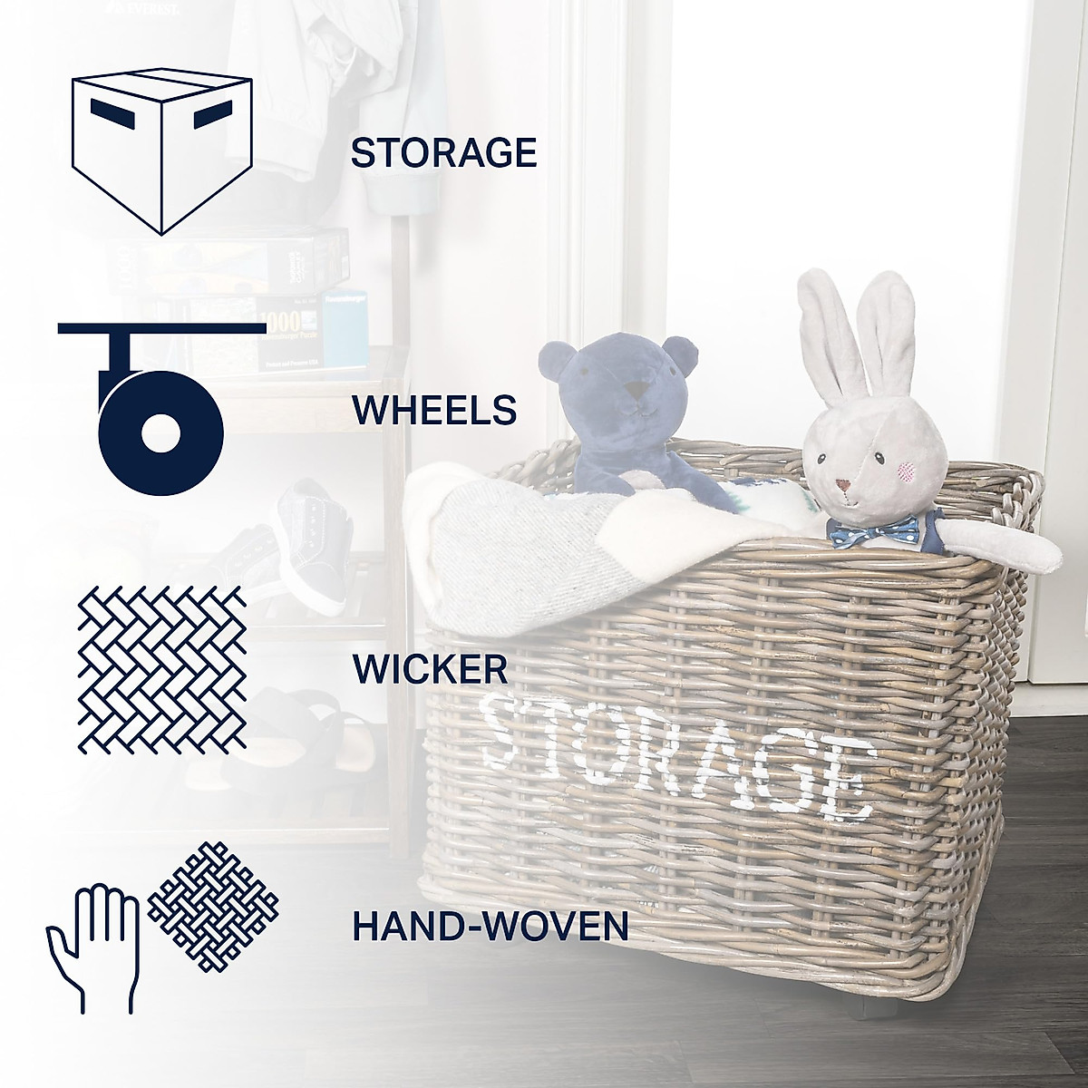 happimess BSK1001A Yael Coastal Hand-Woven STORAGE Rattan Basket with Wheels and Handles for Storage and Decoration in Bedroom, Living Room, Laundry Room, Entryway, Kubu Gray