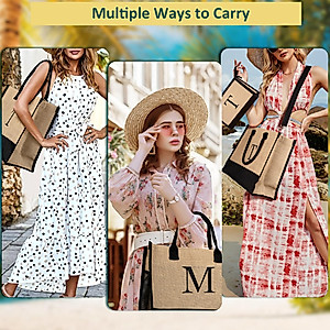 TOPEAST Initial Jute Tote Bag for Women Small Travel Makeup Bag, 21st 40th 50th Birthday Gifts for her New Mom Gifts, Personalized Wedding Gifts for Guests Bride Bridesmaid Gifts Letter J