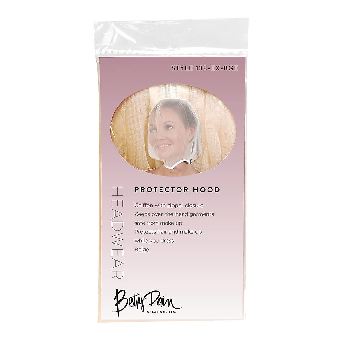 Betty Dain Makeup Protector Hood, Protects Hair and Make Up While Getting Dressed, Nylon Chiffon, Light and Airy, Triple Protection, Zipper closure, Machine Washable, Beige