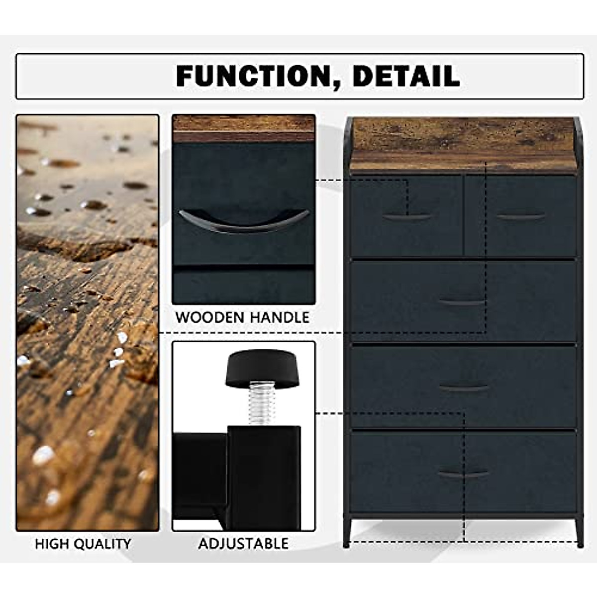 USJRAO Suede Fabric Dresser with 5 Drawers and Shelves Tall Chests of Drawers Sideboard Organizers Unit Storage Tower for Closet Bedroom Living Room Hallway Entryway Steel & Wood Black