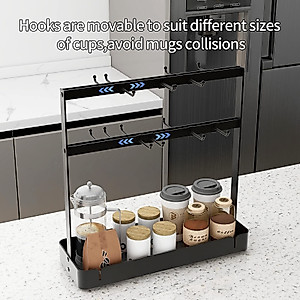 ZDDLOINP Aluminum Alloy Coffee Mug Holder with Movable Hooks, 16 Capacity Coffee Cup Holder for Countertop, 2 Tier Mug Tree Holder Rack with Storage Base for Coffee Pod, Sugar Bags, Paper Cups