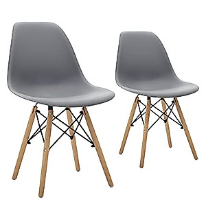 CangLong Modern Mid-Century Shell Lounge Plastic DSW Natural Wooden Legs for Kitchen, Dining, Bedroom, Living Room Side Chairs, Set of 2, Grey