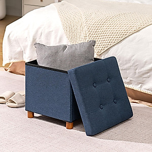 B FSOBEIIALEO Storage Ottoman with Tray, Foot Stools and Ottomans with Legs, Storage Cube Seat Linen Blue 15"