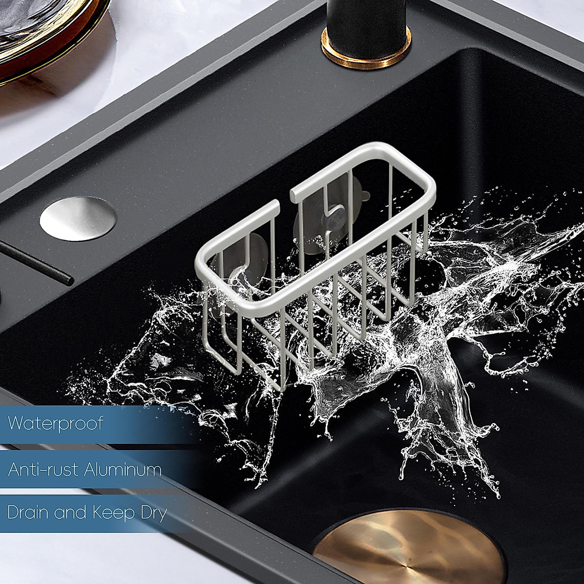 ONTOTY Sponge Holder for Kitchen Sink,Sponge Holder,Aluminum Sponge Holder for Kitchen Sink Suction,Sink Caddy,Kitchen Sink Organizer with Suction Cups & Adhesives Hooks for Kitchen,Bathroom(Silvery)