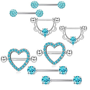 IrbingNii Nipple Rings Blue Heart Nipple Piercings Tongue Ring Body Piercing Jewelry for Women 14G Stainless Steel 4 Pairs/lot