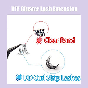 Veleasha DIY Eyelash Extension Individual Lashes with Clear Band D Curl Lash Extension Strip 39 Clusters Reusable Wispy False Eyelashes for Personal DIY at Home / FD02 12-16MM