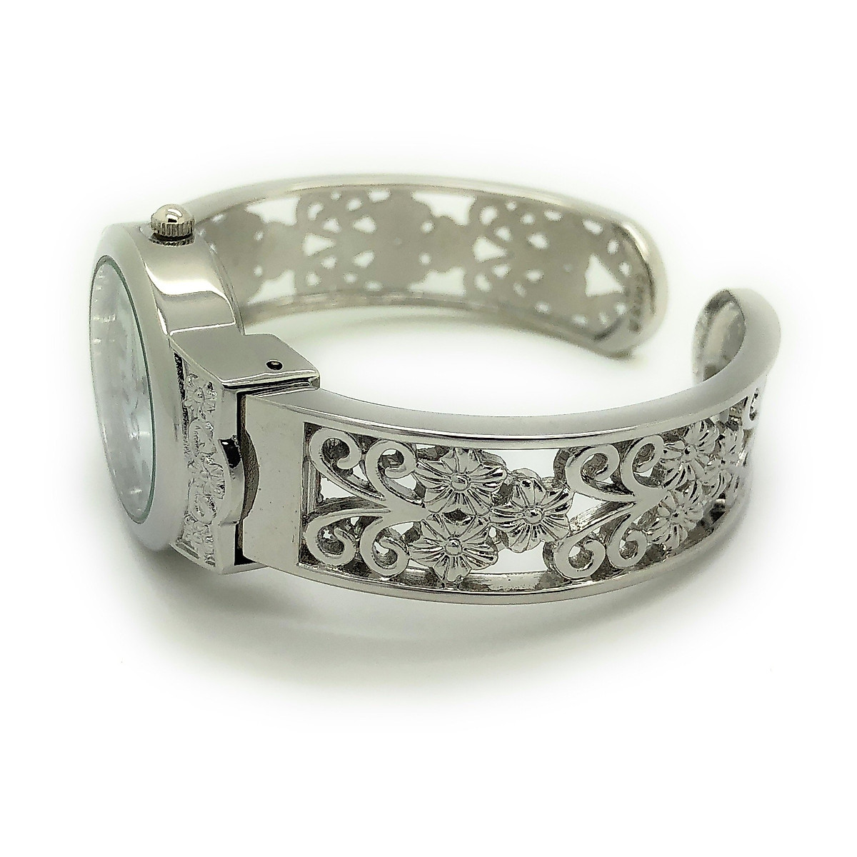 Wincci Ladies Elegant Metal Bangle Cuff Fashion Watch Pearl Dial (Silver)