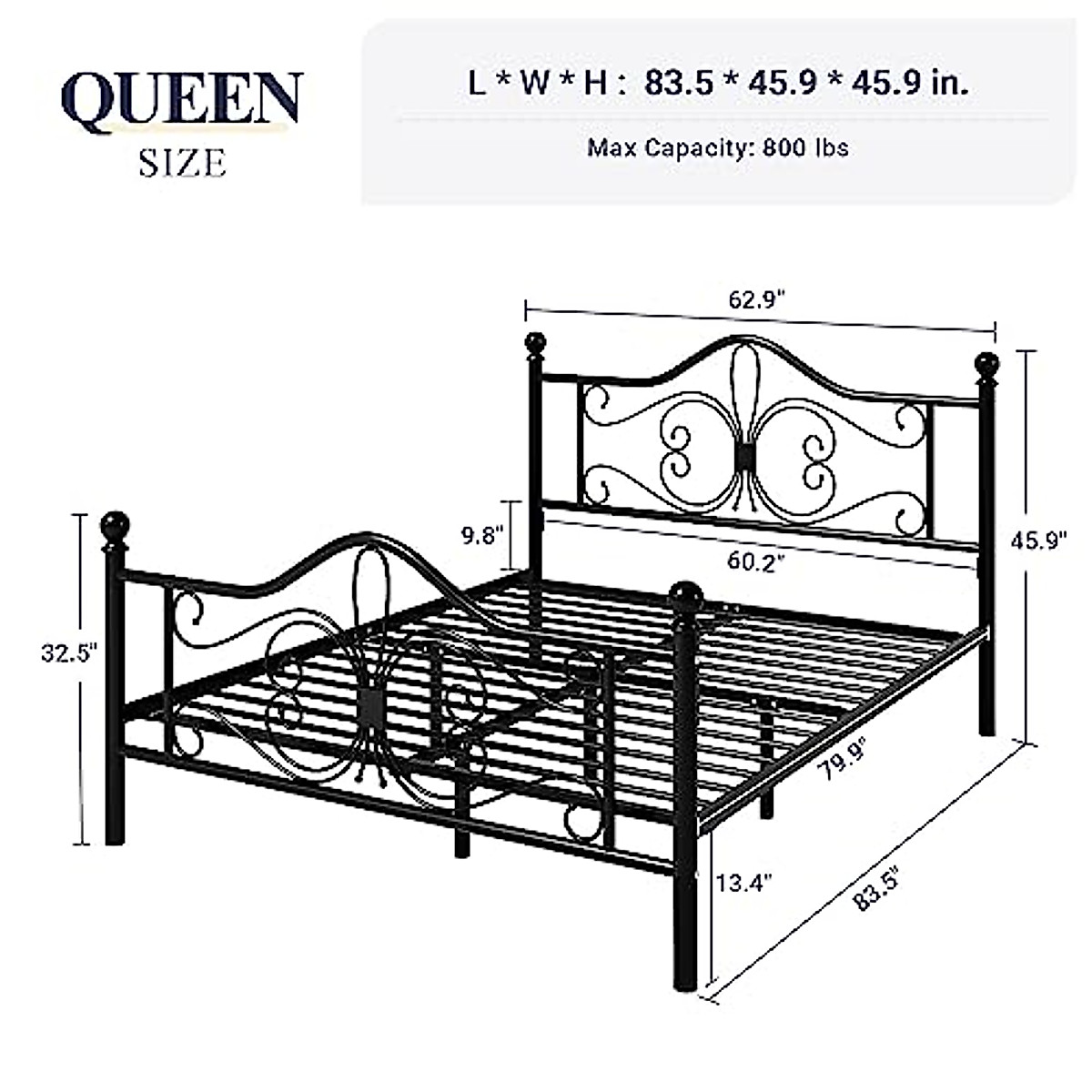 Allewie Queen Size Bed Frame with Headboard,Metal Bed Frame with Butterfly Pattern Design Headboard & Footboard,No Box Spring Needed,Easy Assembly,Black