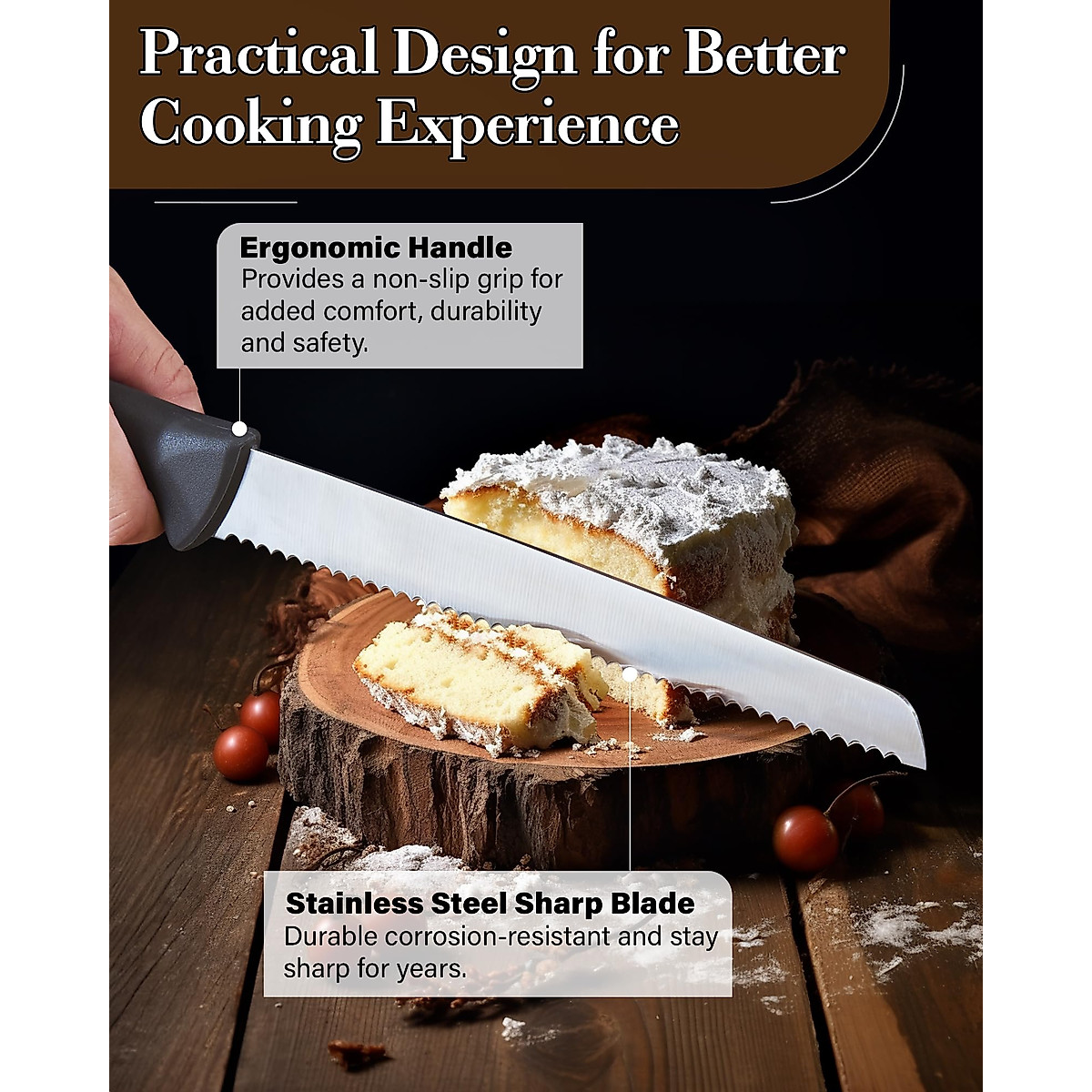 Cook N Home Bread Slicer Knife 10-Inch, Wavy Serrated High Carbon Stainless Steel Sharp Kitchen Knife, Ergonomic Handle, Black