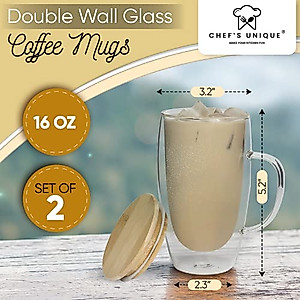 Double Walled Glass Coffee Mugs By Chef"s Unique Insulated Coffee Mugs With Handle And Bamboo Lid, Clear Glass Cups For Coffee Tea Latte Cappuccino Espresso 16 OZ (Set of 2)