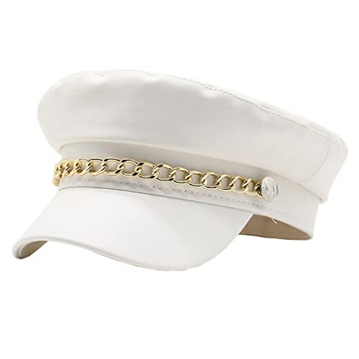 Women Yacht Captain Sailor Hat PU Newsboy Cabbie Baker Boy Peaked Beret Cap White with Chain