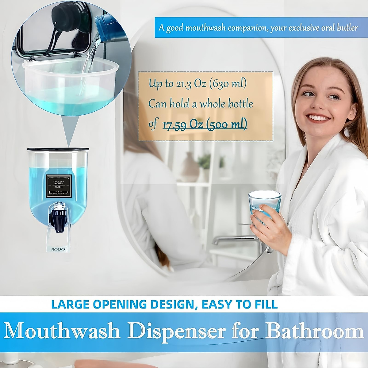 Suaetiai Mouthwash Dispenser For Bathroom, Wall Mounted Mouthwash Dispenser, 21oz Plastic Mouth Wash Container With Adhesive Hook And 2 Reusable Glass Cups/4 Pcs Label - 1 Pack