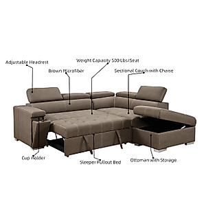 THSUPER 100" Microfiber L Shape Sleeper Sectional Sofa with Pullout Bed. 5-Seats Sectional Couch with Storage Ottoman and Cup Holder. Adjustable Headrest with Sectional Sleeper Couch. Brown