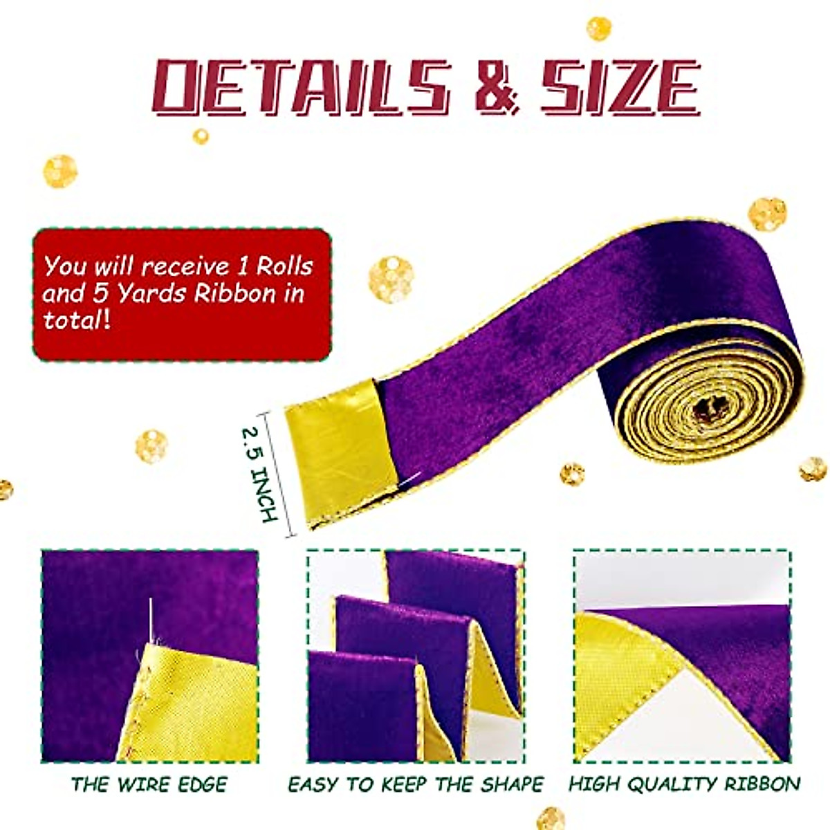 Purple Wired Velvet Ribbon for Gift Wrapping, Chrisrtmas Tree (2-1/2 inch, 5 Yards)