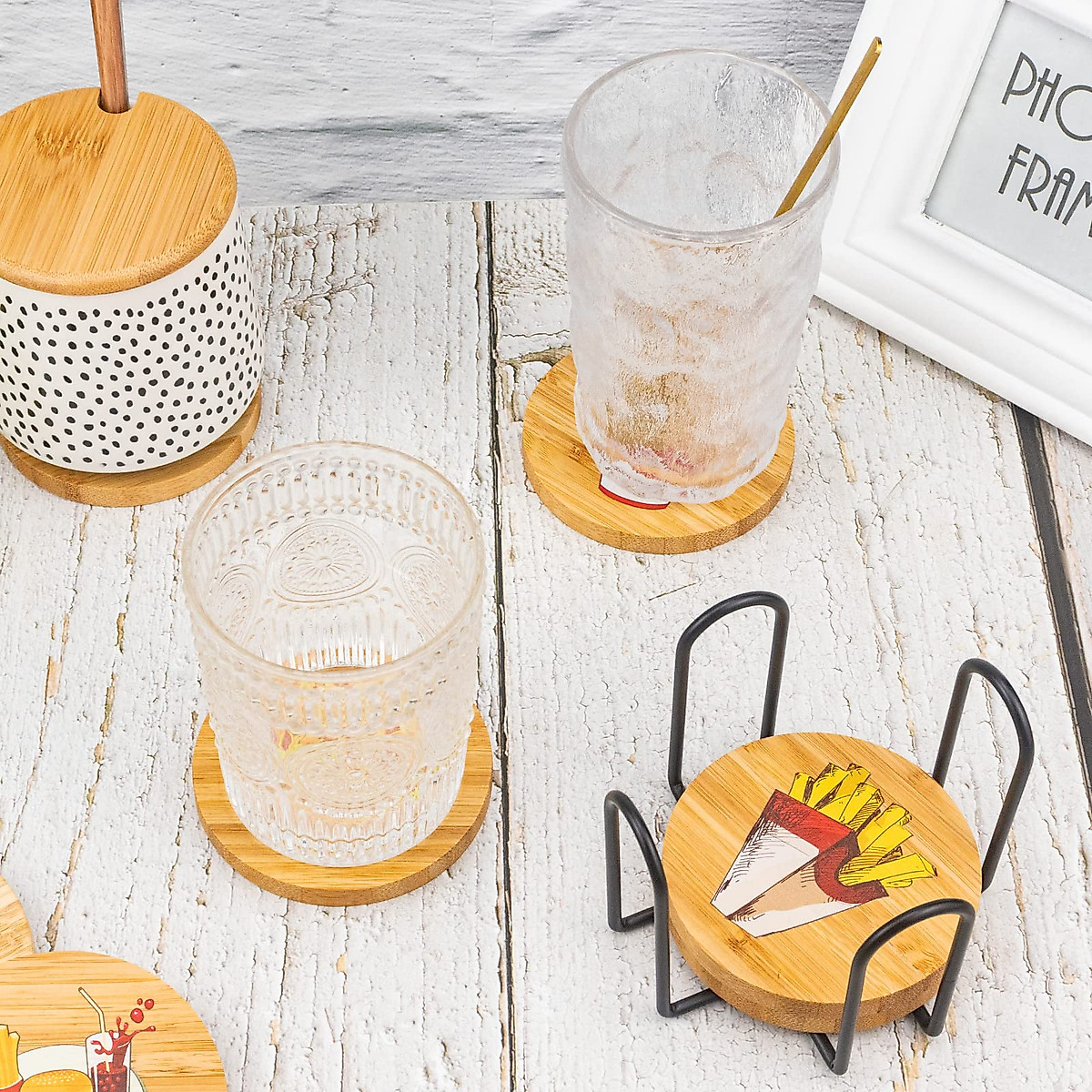 Haomacro Coasters for Drinks with Holder,Farmhouse Funny Wood Drink Cup Coasters,Stain-Resistant Absorbent Coaster for Coffee Table,Rustic Cork Absorbent Coasters Cute Kitchen and Coffee