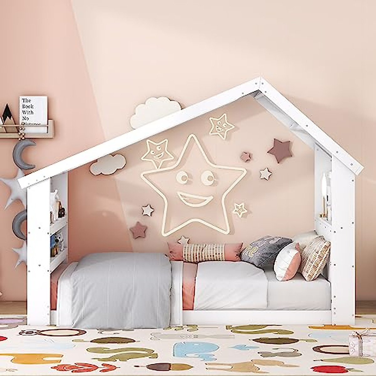 MERITLINE Twin House Bed for Kids Montessori Floor Bed with Roof Window, LED Light, No Box Spring Needed, for Girls Boys (Twin Size, White)