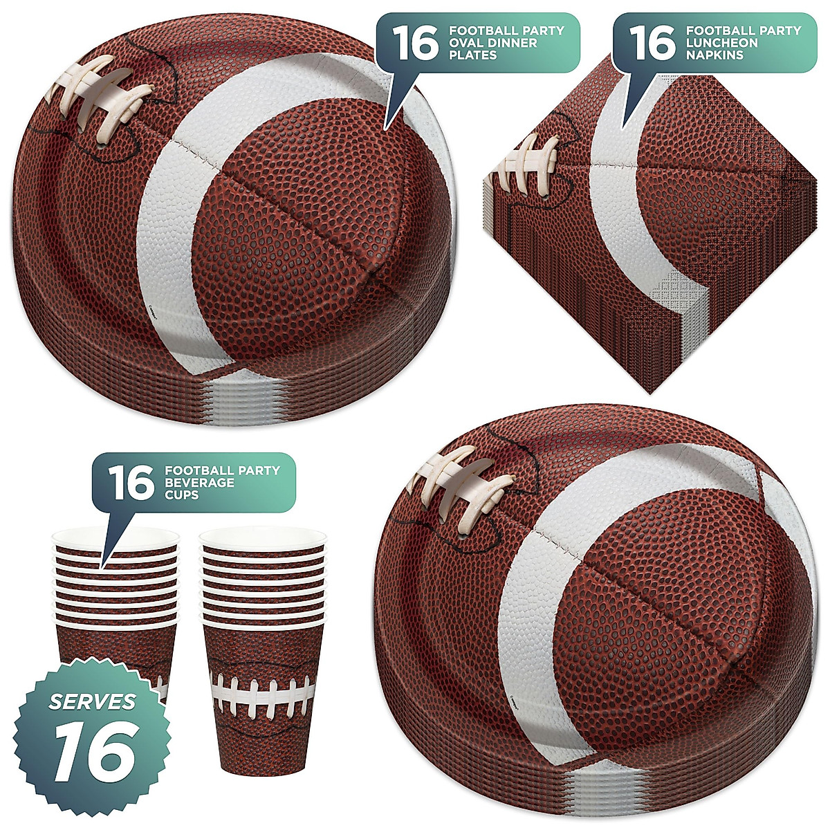 Football Party Game Ball Oval Paper Dinner Plates, Beverage Napkins, and Beverage Cups (Serves 16)