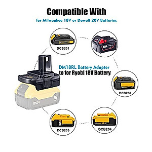 Garystat Battery Adapter DM18RL, Compatible for Dewalt 20V & Milwaukee M18 18V Lithium Battery Convert to for Ryobi 18V P108 ABP1801 Battery for Ryobi 18V Cordless Tools, with USB Port