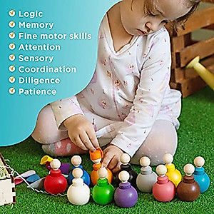 Ulanik Peg Dolls in Balls with Hats & Beds Toddler Montessori Toys for 3 Year Old + Wooden Waldorf Dolls for Learning Color Sorting & Counting — 12 Gnomes, 2 in