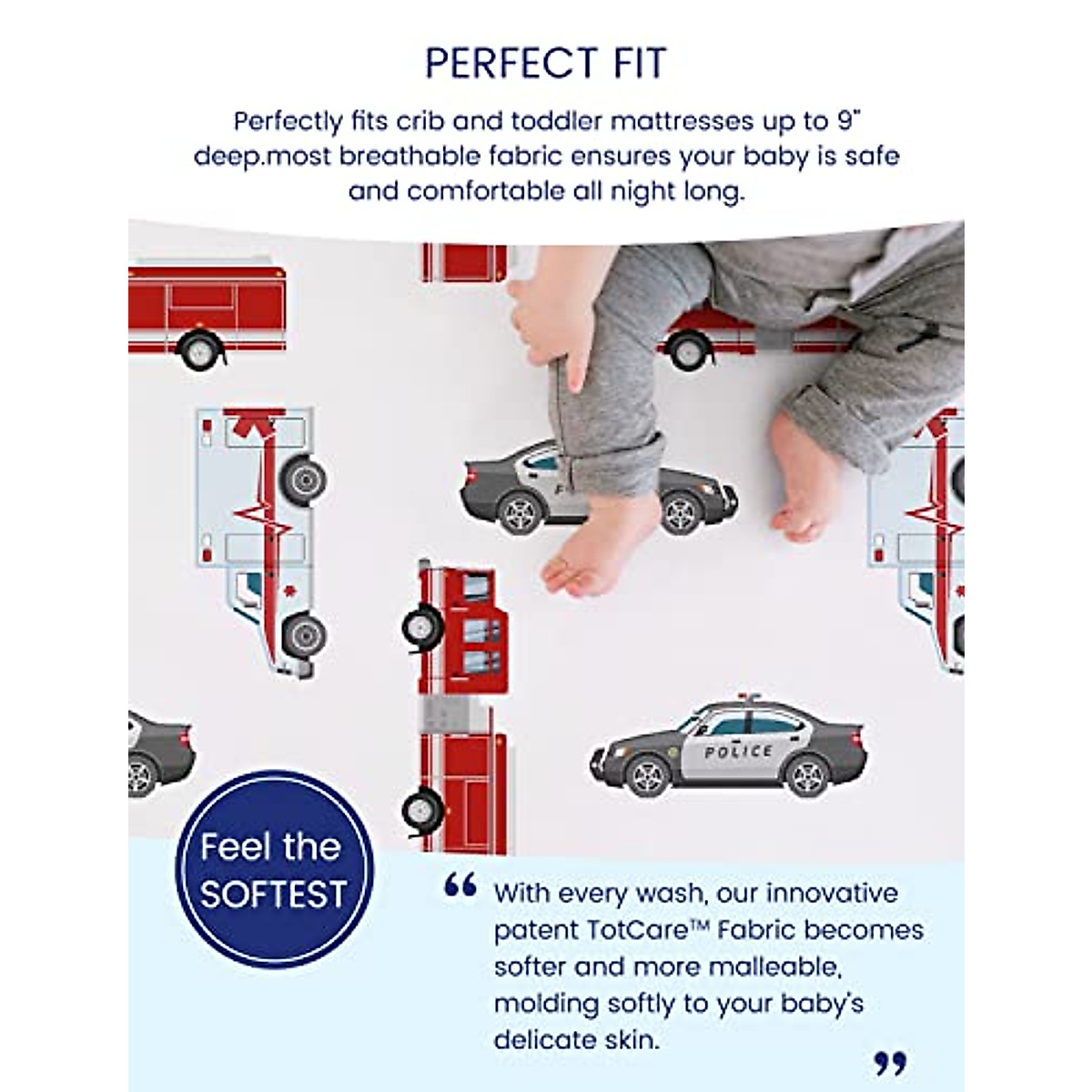 TotAha Premium Stretchy Crib Sheets (2-Pack)-Hypoallergenic, Silky Comfort, Buttery Soft, Calming Effect, All-Season Jersey-Knit Sheets, 28 X 52 X 9'' Extra Deep Pocket Police Car & Sloth