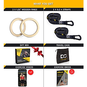 Double Circle Wood Gymnastic Rings 1.25 Inch, with Quick Adjust Numbered Straps and Exercise Videos Guide for Full Body Workout, Crossfit, and Home Gym