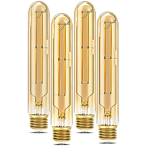 Tubular Light Bulb 7.3 Inch, Amber Long Tube Light Bulb T10 2700K Soft White Dimmable E26 LED Edison Bulbs 60 Watt Equivalent for Chandelier Vanity Outdoor Exterior Wall Sconce Pendant Light, 4Pack