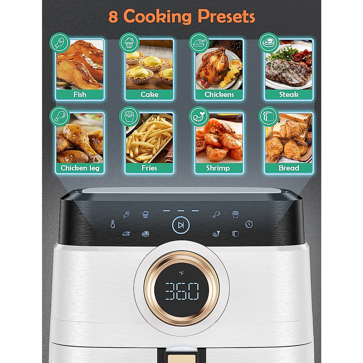 Air Fryer, ALLCOOL Airfryer Oven 8QT Large Air Fryer 1700W 8-in-1 with Touch Screen Air Fryers Dishwasher Safe Nonstick Tray Freidora de Aire 32 Recipes BPA & PFOA Free White Air Fryer
