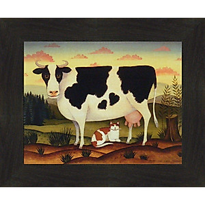 Home Cabin Décor Cow and Cat by Diane Ulmer Pedersen 15x18 Farm Barn Animals Kitty Framed Folk Art Print Picture