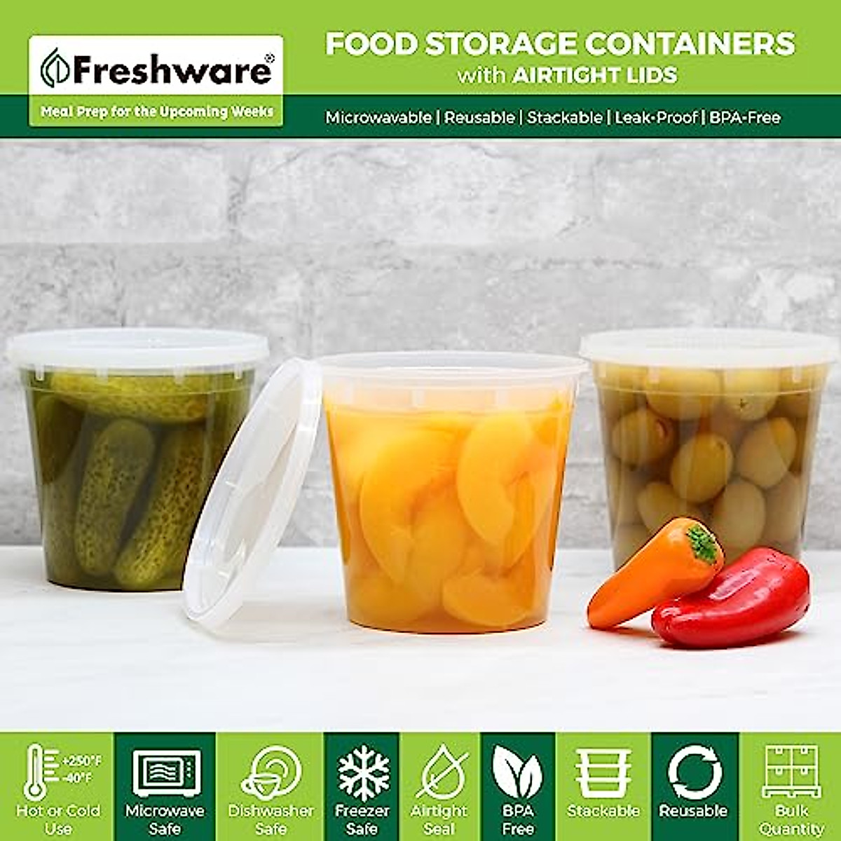 Freshware Food Storage Containers [48 Set] 24 oz Plastic Deli Containers with Lids, Slime, Soup, Meal Prep Containers, BPA Free, Stackable, Leakproof, Microwave/Dishwasher/Freezer Safe