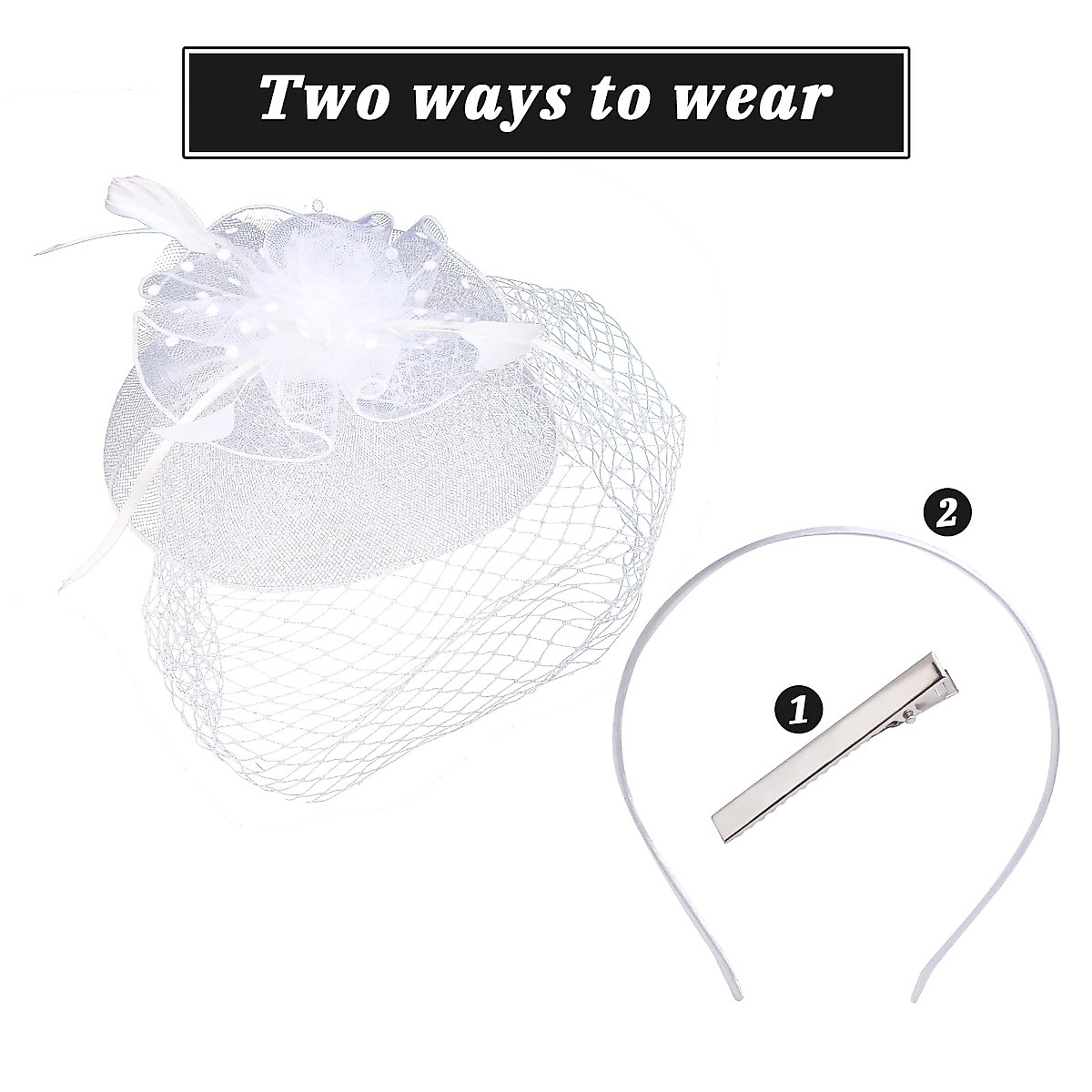 Yewong Fascinators Hat for Women Tea Party Headband Pillbox Kentucky Derby Hat Flower Cocktail Mesh Feathers Hair Clip Lace Gloves Pearl Necklace (White-1)