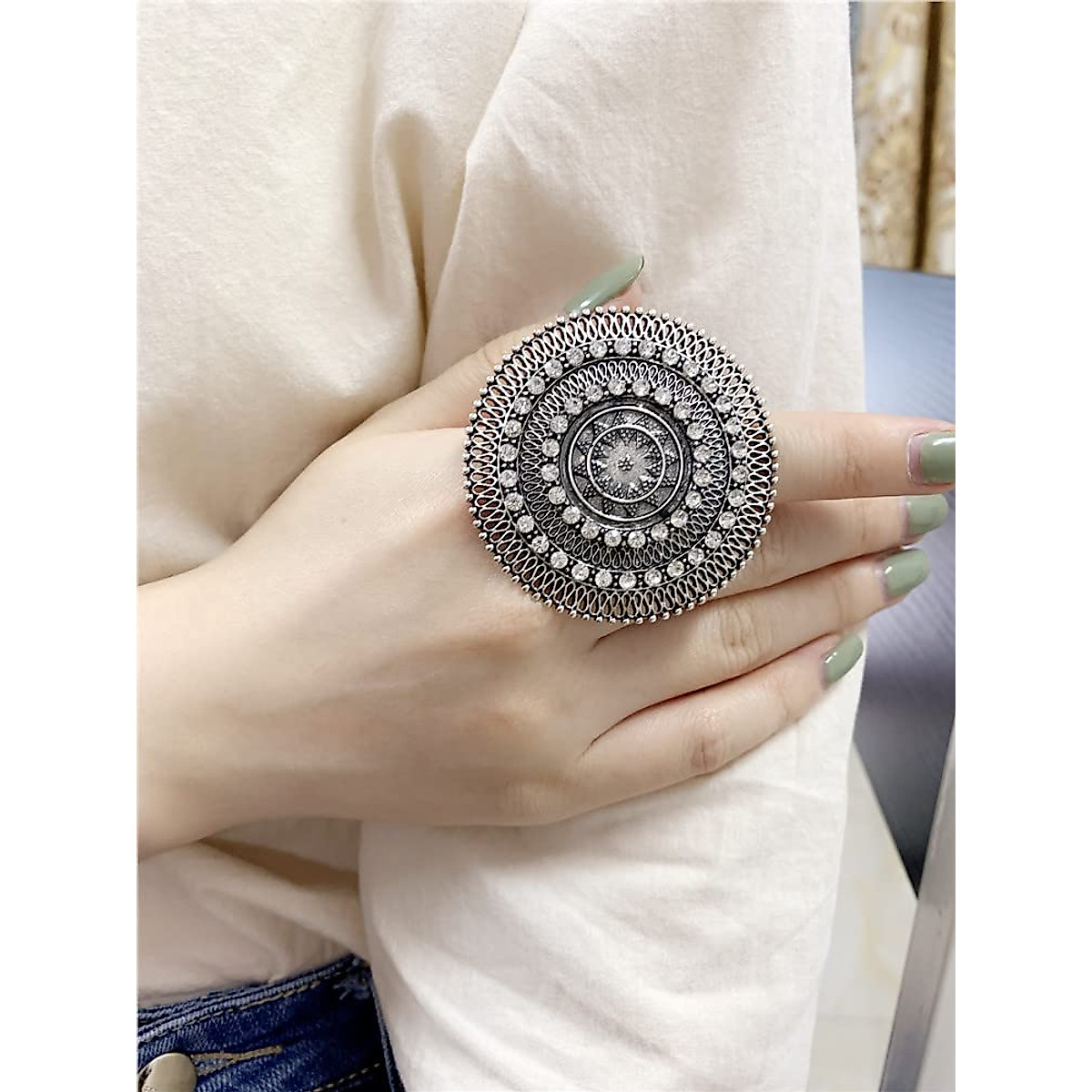 Dtja Boho Exaggerated CZ Statement Ring for Women Adjustable Bohemian Antique Mosaic Crystal Expandable Big Open Wrap Finger Rings Comfort Fit Retro Indian Style Jewelry (Silver Star)