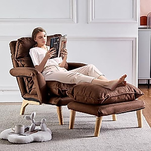 CLIPOP Modern Living Room Accent Chair with Ottoman, Comfy Linen Armchair with Adjustable Backrest(5 Angles), Solid Wood Legs, Leisure Upholstered Single Sofa Chair with Footrest, Brown