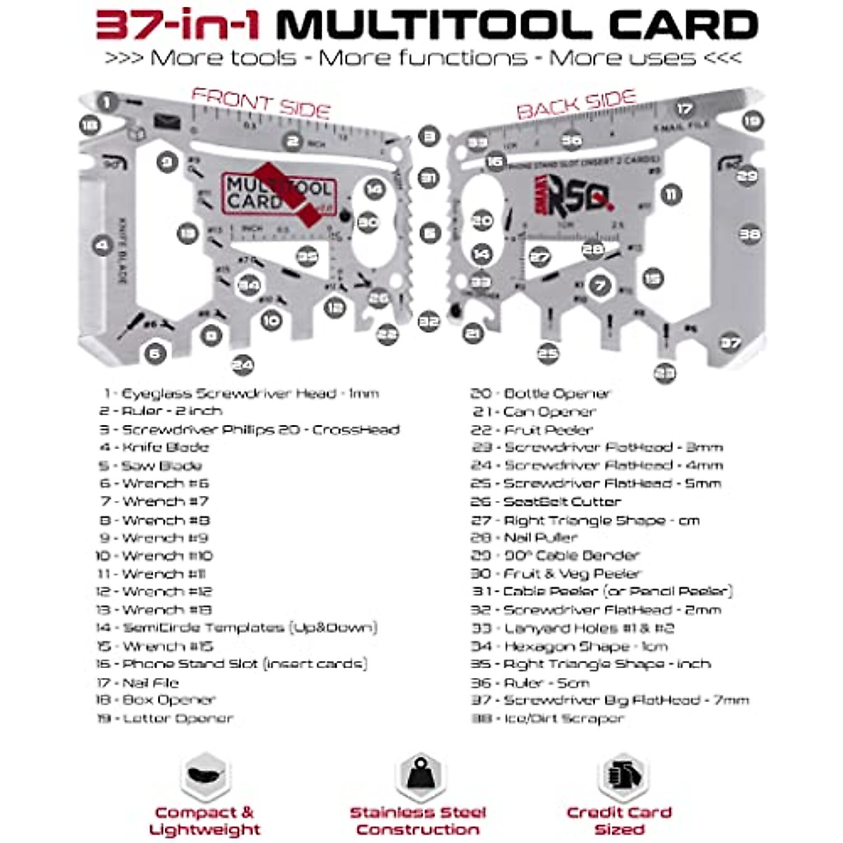 37-in-1 Credit Card Tool Gift Set. EDC Silver Multitool Card with Multifunction Tools & Accessories. Perfect Stocking Stuffer Gifts for Men, Dads, Husbands, HandyMen, Do It & Yourselfers