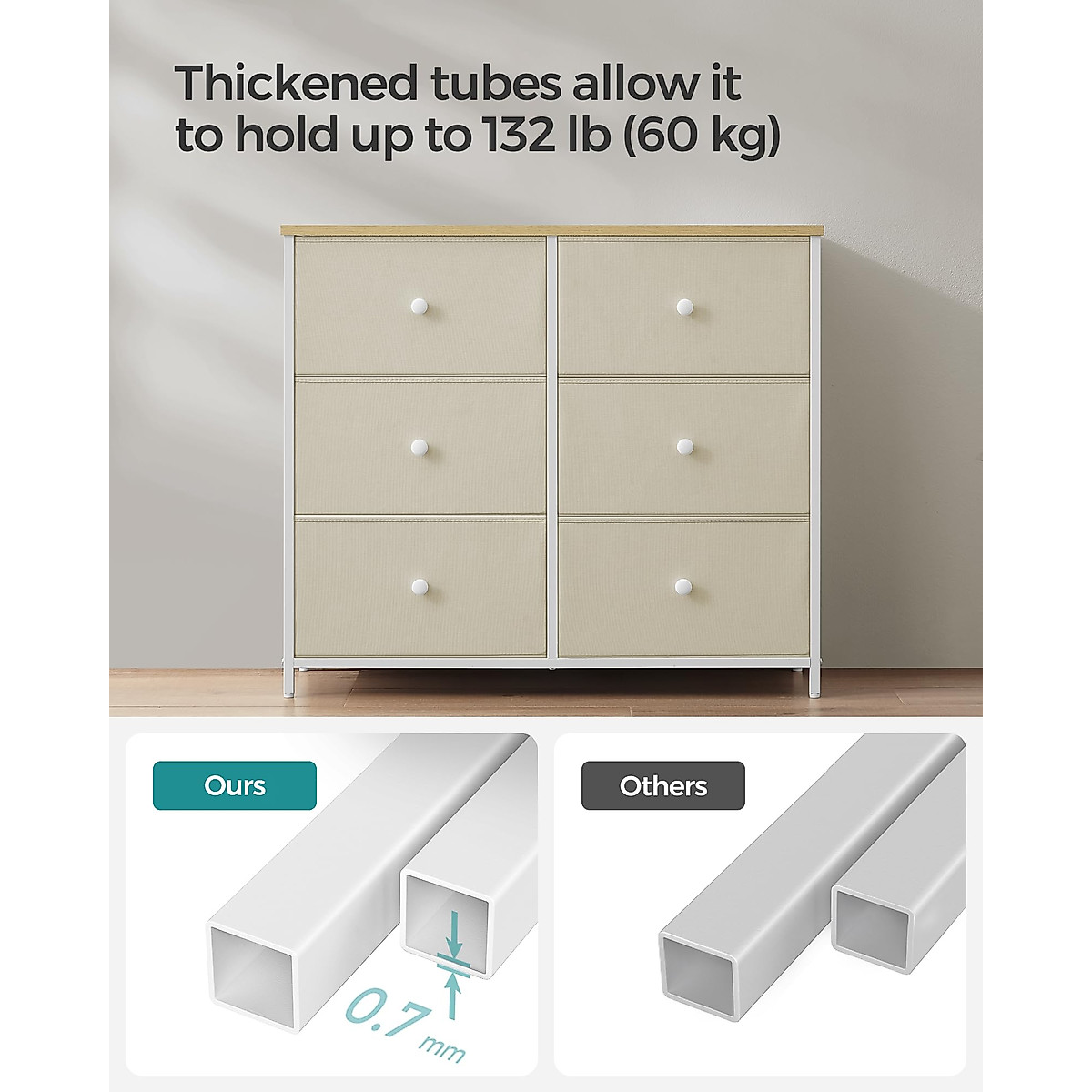 SONGMICS Bedroom, Chest, 6 Drawer, Closet Fabric Dresser with Metal Frame, by The yard, Camel Yellow + Cream White