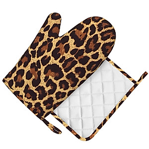 SEPTYK Cool Cheetah Leopard Oven Mitts and Pot Holders Sets of 2 Non-Slip Cooking Kitchen Gloves Heat Resistant for Baking Grilling BBQ