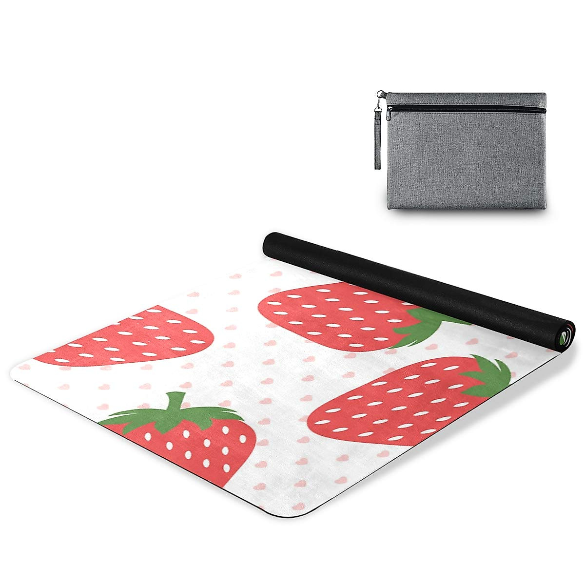 Qilmy Strawberry Yoga Mat Non-Slip Foldable Sweat Absorbent Travel Yoga Mat with Carrying Bag for Yoga, Pilates, Exercise, Workout, Bikram and Hot Yoga 71 x 26 Inch