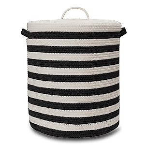 17 x 16in Large Striped Cotton Blanket Basket with Lid - Perfect for Toy Storage, Clothes Hamper, & Laundry Basket, Woven Baskets for Nursery Decor and Baskets for Organizing, Black and White