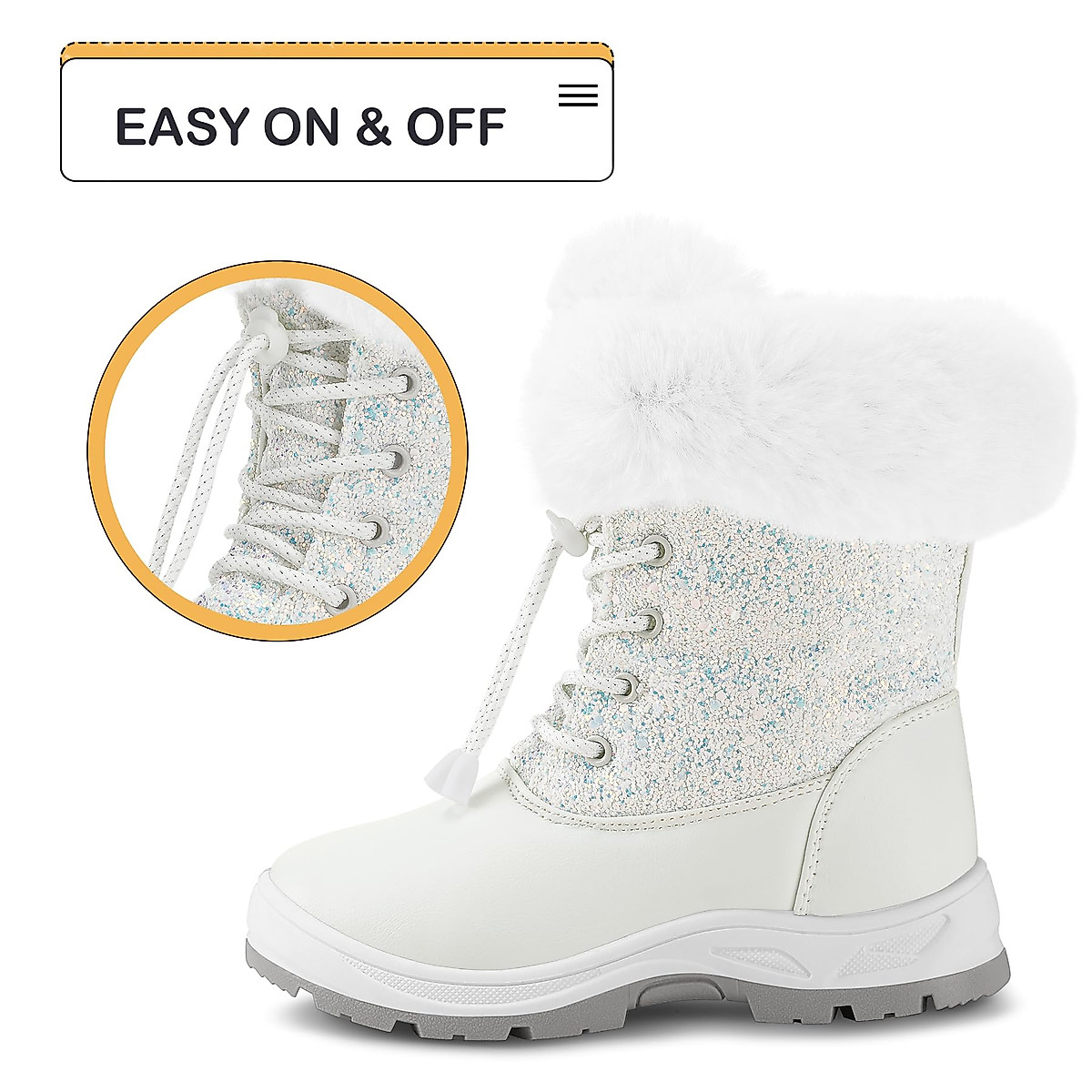 K KomForme Girls Glitter Snow Boots Kids Bungee Lacing Warm Faux Fur-Lined Anti-Slip Outdoor Winter Shoes White Big Kid 2M