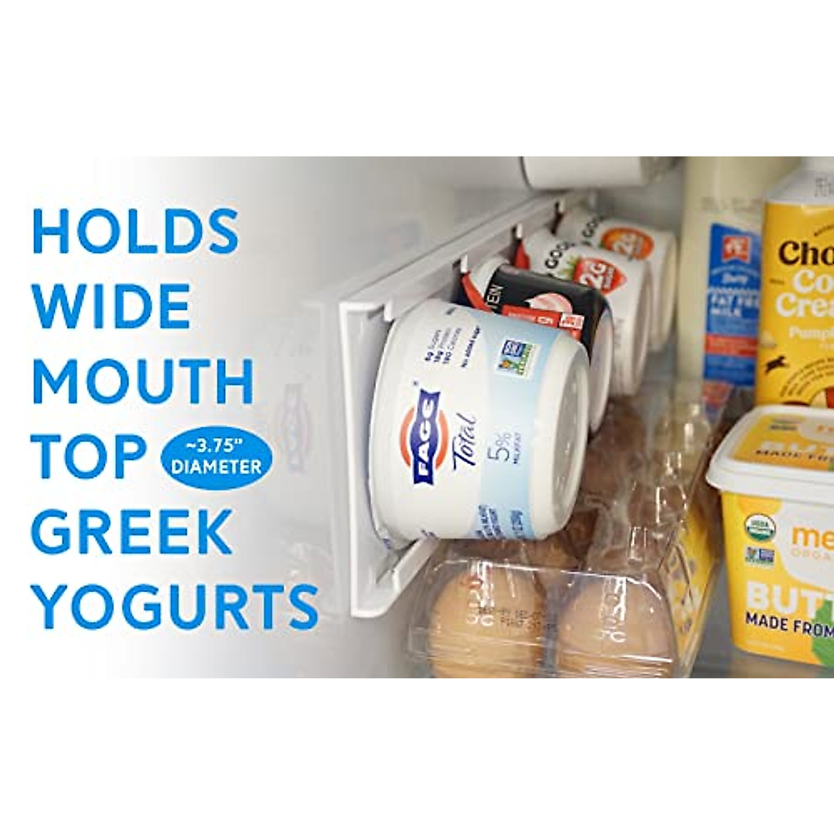 Storage Theory Yogurt Fridge Organizer - Holds up to 4 Wide-Mouth Vegan and Greek Yogurt Cups Each - Peel and Stick Slider Shelf for Small Refrigerator Spaces - 2 pc
