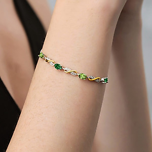 Gem Stone King 1.75 Cttw Green Peridot Green Created Emerald and Lab Grown Diamond 925 Silver and 10K Yellow Gold Infinity Bracelet For Women | Fully Adjustable Up to 7.5 Inch