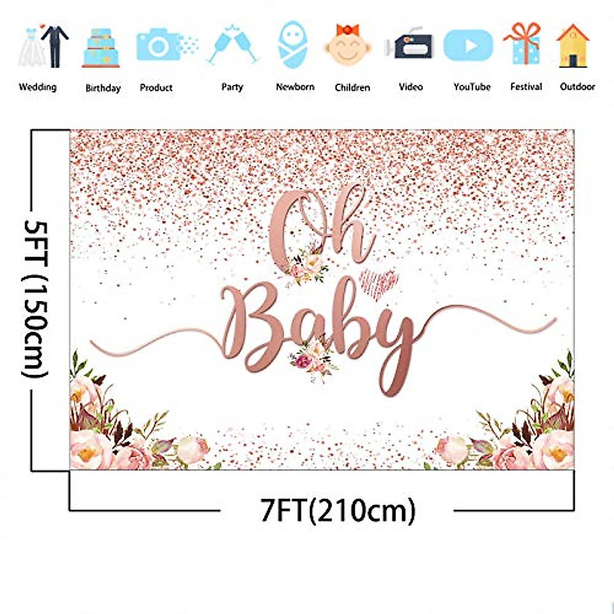 Avezano Backdrop Oh Baby Flowers Girls baby shower Background Vinyl Glitter rose gold Dots Floral baby shower Backdrops Decorations (7x5)