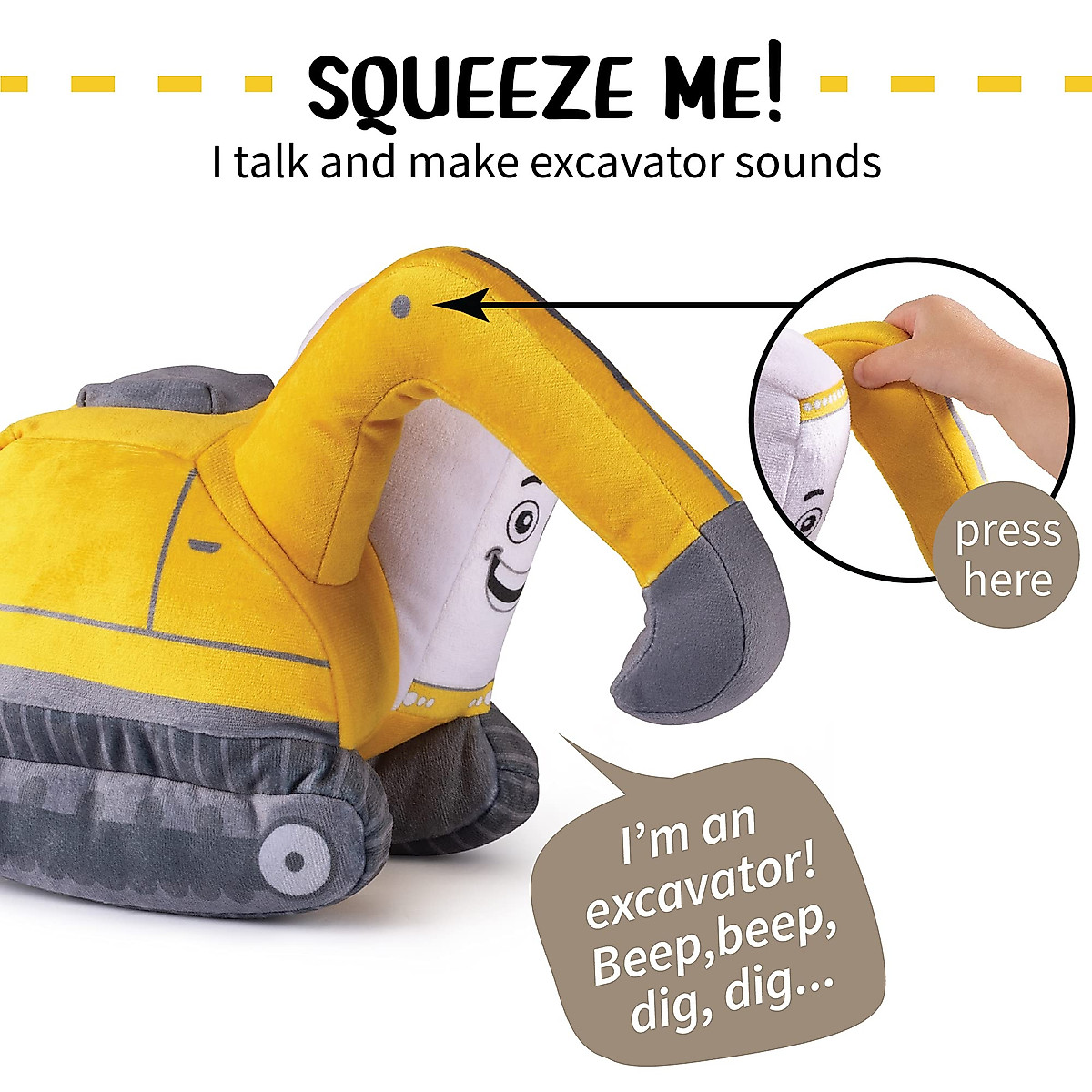 Plush Creations Excavator Toy Figure, Plush Construction Stuffed Truck, Interactive Excavator Truck Toy for Toddlers